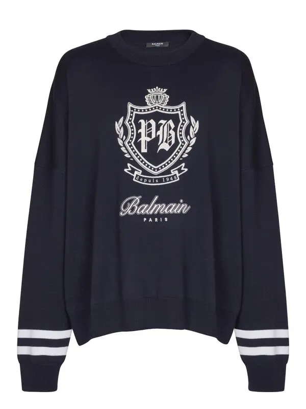 Balmain College Emblem Knit Jumper - Navy Blue