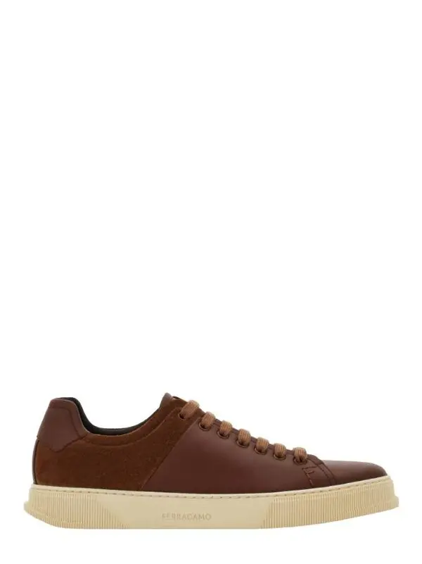 FERRAGAMO Low-top Calfskin And Suede Sneakers - Brown