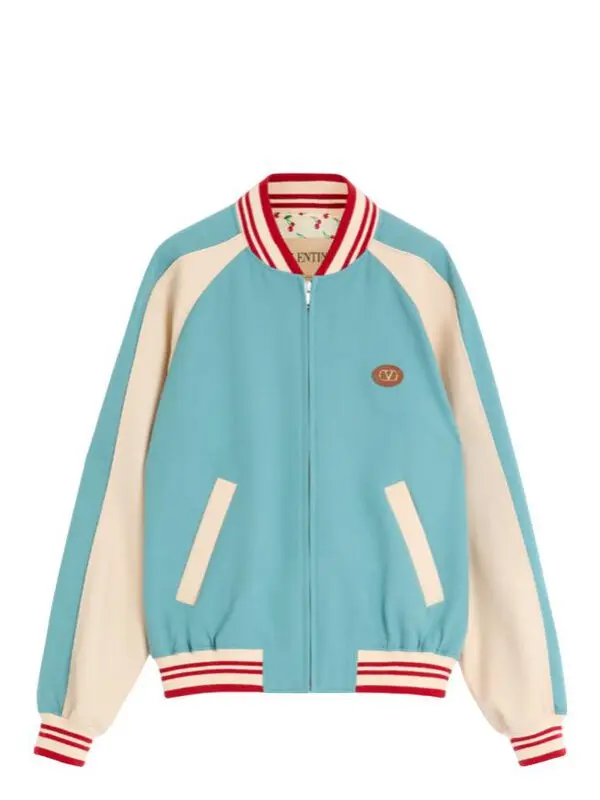 Valentino Garavani Vlogo Patch Zip-up Bomber Jacket - Light Blue/butter White