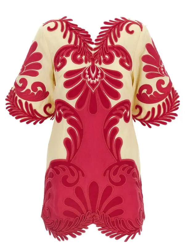 Farm Rio Spring Arabesc Embroidered Linen Mini Dress - Red