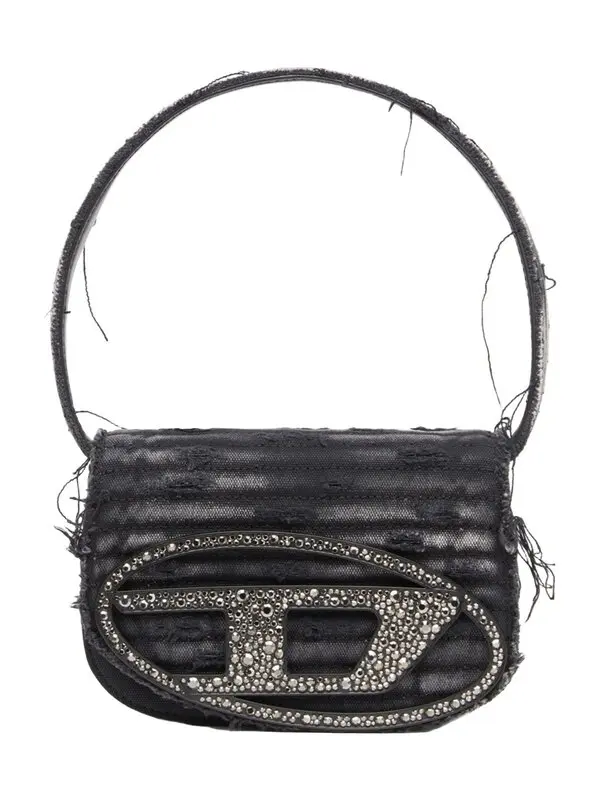 DIESEL® 1-dr Embellished Distressed Denim Shoulder Bag - Black