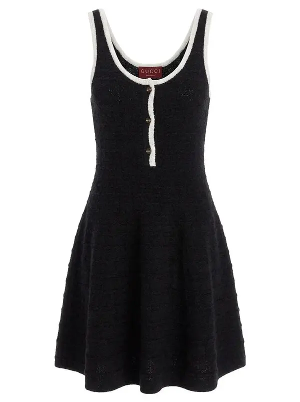Gucci Tweed Wool Dress With Embroidery - Black/white