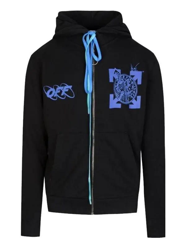 Off-White Printed Casual Zip-up Hooded Jacket - Black