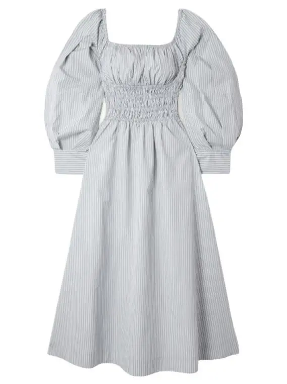 Altuzarra Striped Cotton Shirred Midi Dress - White