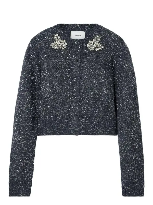 Erdem Sequined Knit Cardigan With Crystal And Pearl Embellishments - Black