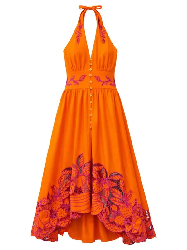 Farm Rio Embroidered Halterneck Maxi Dress - Orange