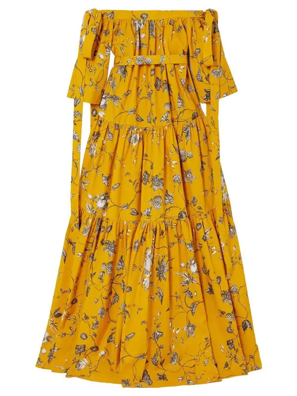 Erdem Off-the-shoulder Printed Cotton Satin Maxi Dress With Bow Embellishment - Orange