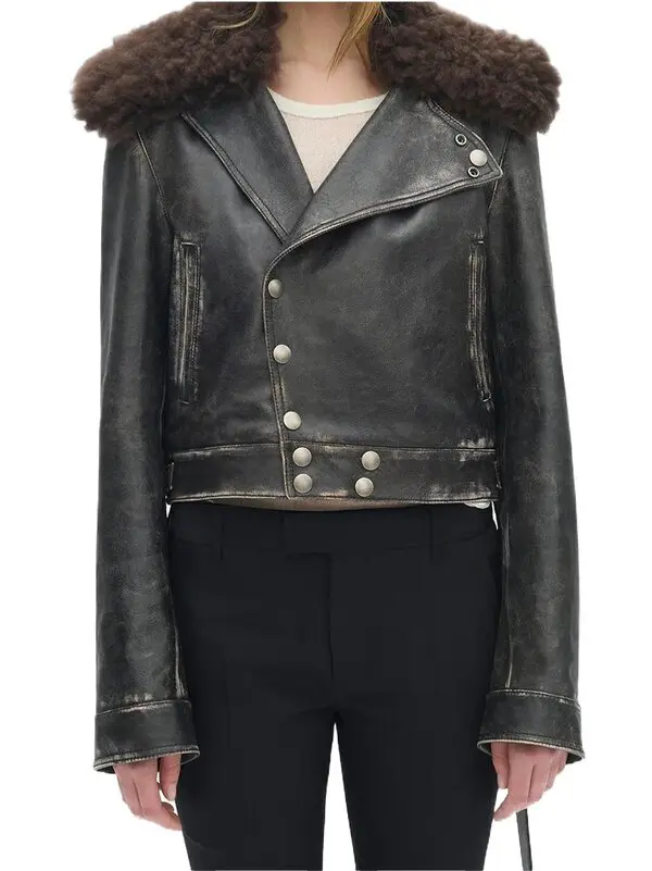 ANN DEMEULEMEESTER Double-breasted Shearling Collar Jacket - Black