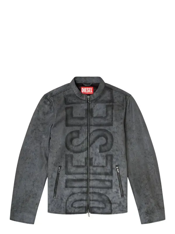 DIESEL® Leather Biker Jacket With Vertical Superlogo - Grey
