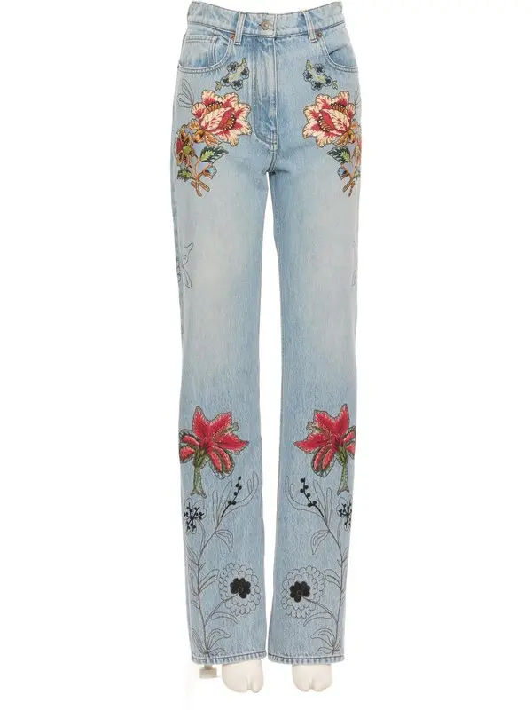 Valentino Garavani Floral Embroidered Straight Leg Jeans - Blue