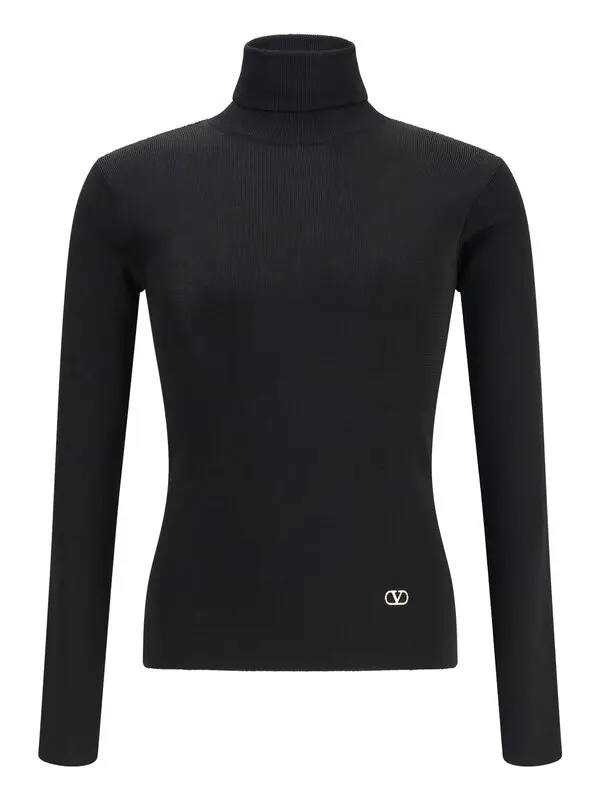 Valentino Garavani Ribbed Knit Turtleneck Long Sleeve Sweater - Black