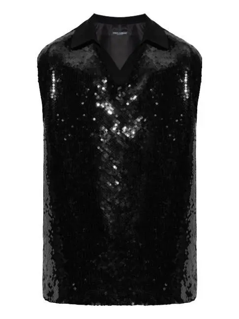 Dolce & Gabbana Sleeveless Sequin Embellished V-neck Top - Black