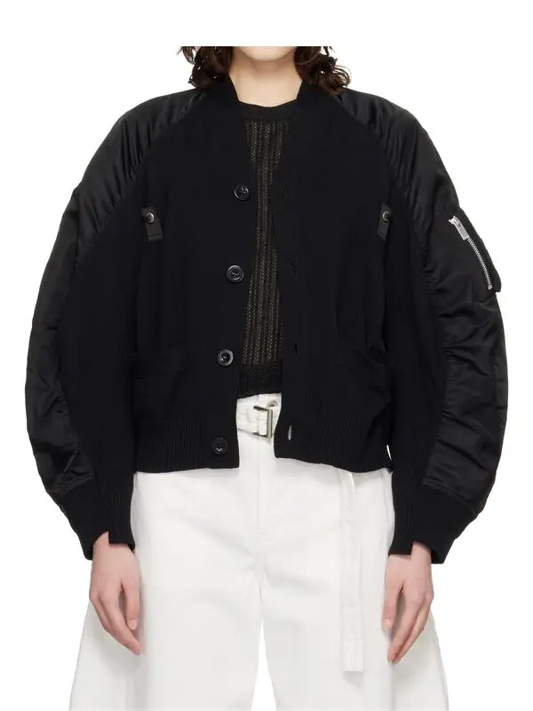 Sacai Patchwork Knit And Nylon Cardigan - Black