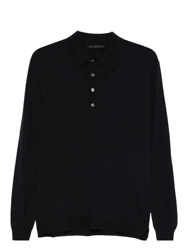 LOW BRAND Long-sleeved Knitted Polo Shirt - Navy Blue