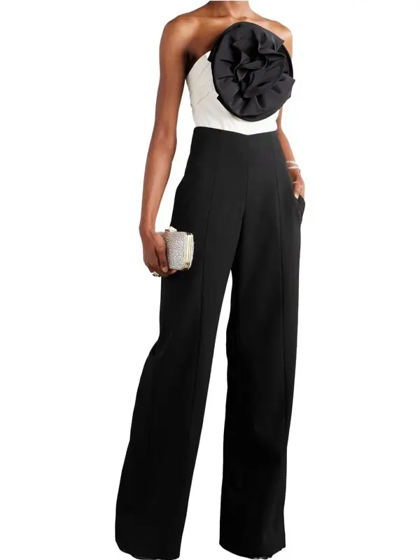 Carolina Herrera Pleated Silk Twill Top With Rose Knot Appliqu - White And Black