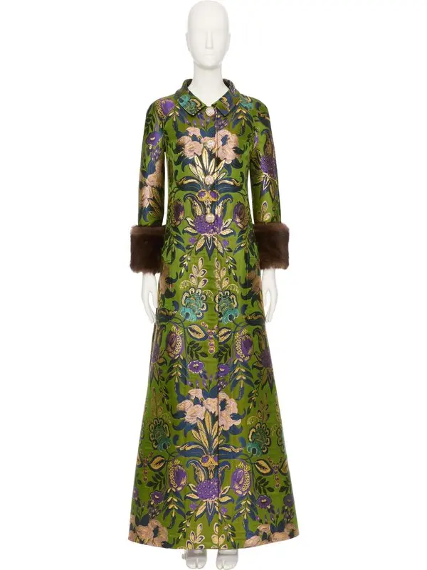 Valentino Garavani Floral Jacquard Coat With Fur Cuffs - Green