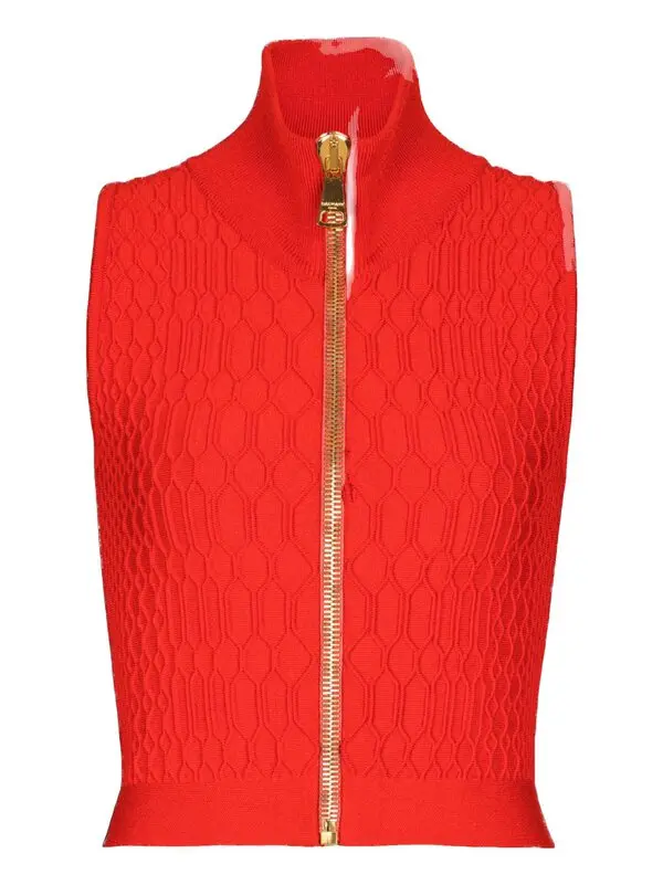 Balmain Sleeveless Knitted High Neck Top With Zip Closure - Red