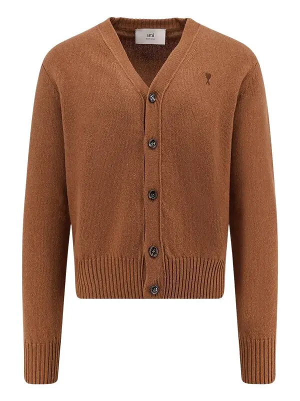 Ami V-neck Button Cardigan With Ribbed Details - Brown