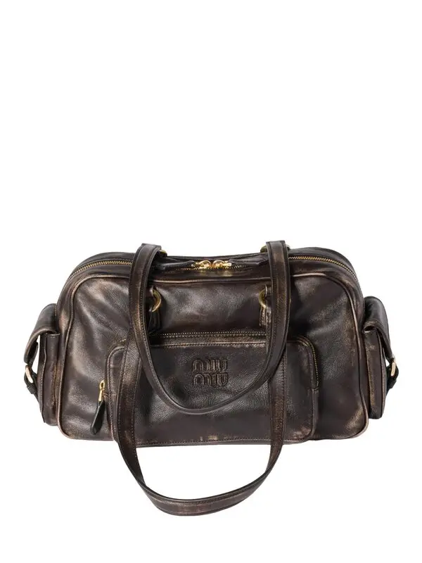 Miu Miu Logo Detailed Leather Shoulder Bag - Coffee