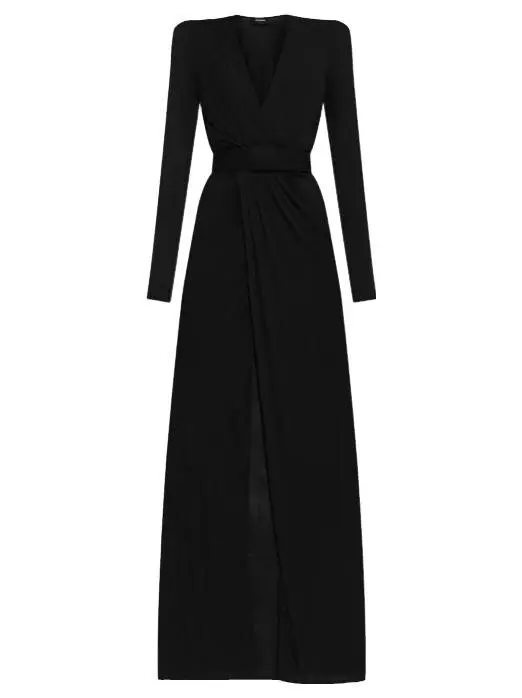 Dsquared2 Long Sleeve V-neck Gown With Slit Detailing - Black