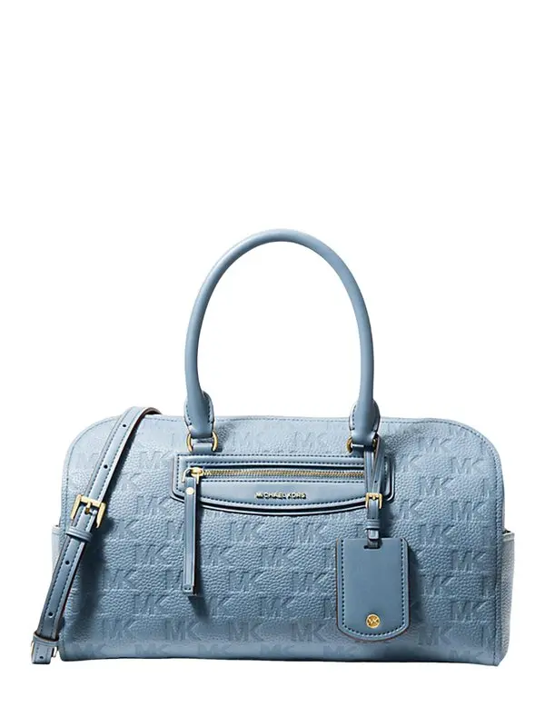 Michael Kors Jet Set Travel Medium Logo Embossed Leather Duffel Crossbody Bag - Light Blue