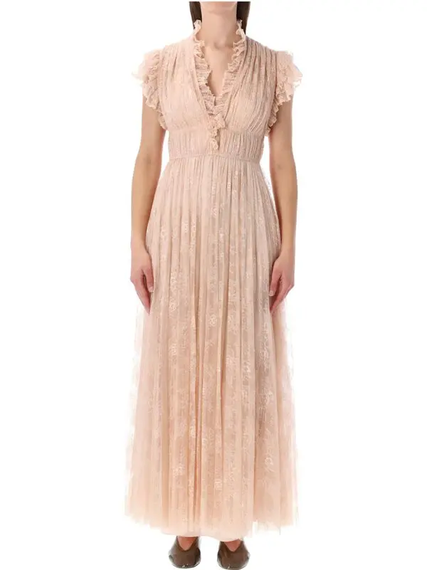 Alberta Ferretti Pleated Lace Maxi Dress - Nude