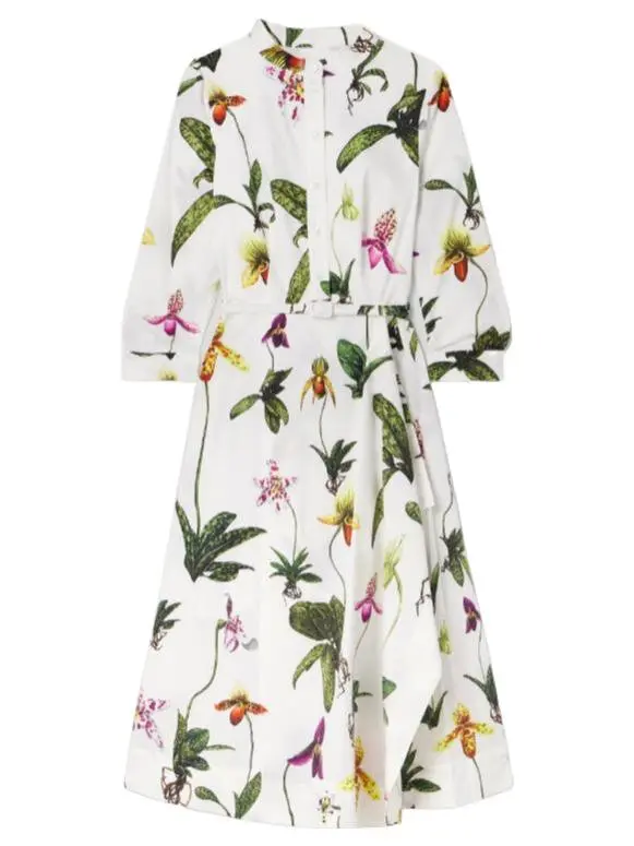 Oscar De La Renta Printed Midi Dress With Belt - White
