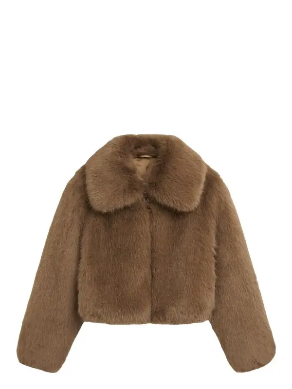 THE FRANKIE SHOP Cropped Faux Fur Jacket With Exaggerated Collar - Camel