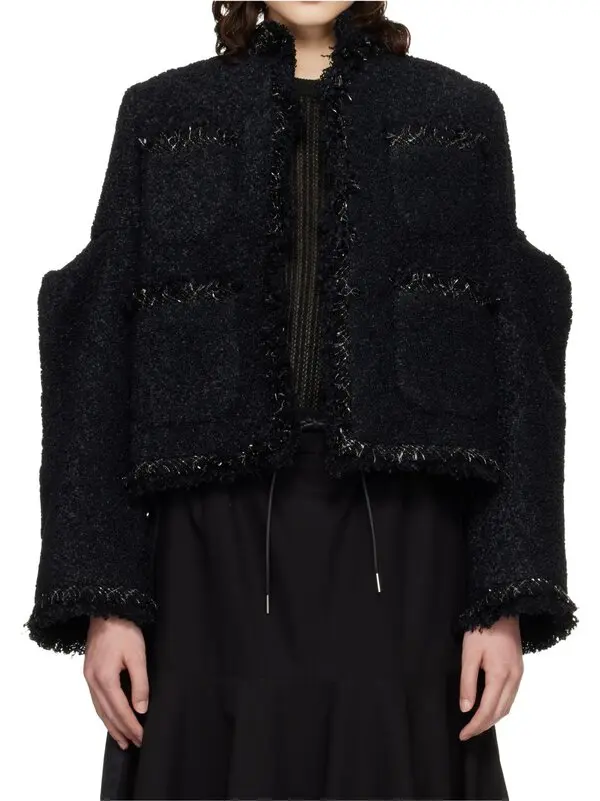 Sacai Long Sleeve Crewneck Tweed Jacket - Black