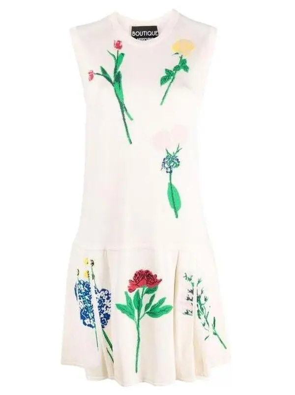Moschino Floral Printed Pleated Knit Dress - White