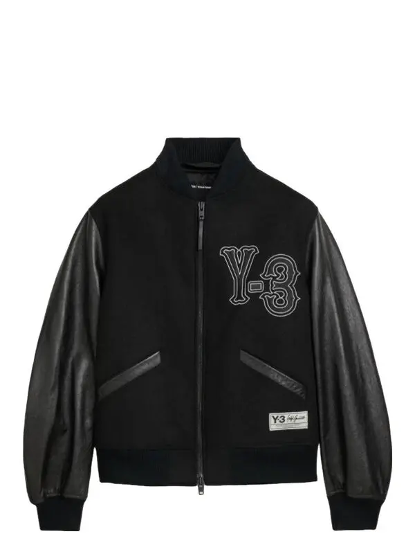 Y3 Leather-sleeve Embroidered Bomber Jacket - Black
