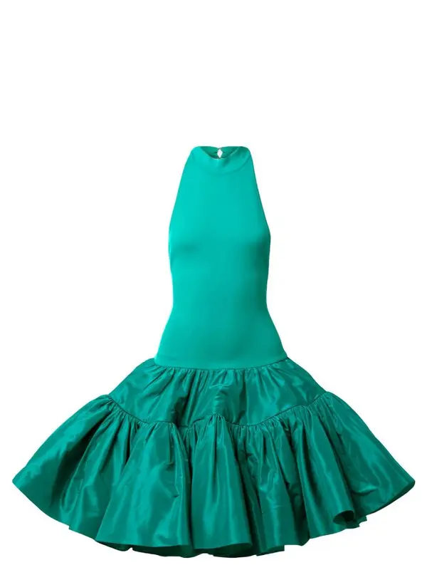 Oscar De La Renta Halterneck Knit Mini Dress With Tiered Taffeta Skirt - Green