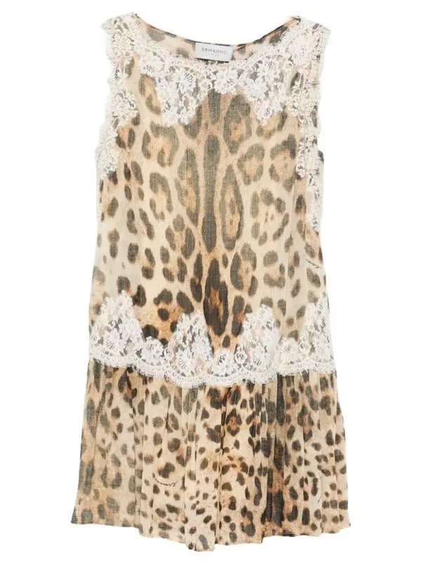 ERMANNO FIRENZE Sleeveless Leopard Print Lace Trimmed Dress - Nude