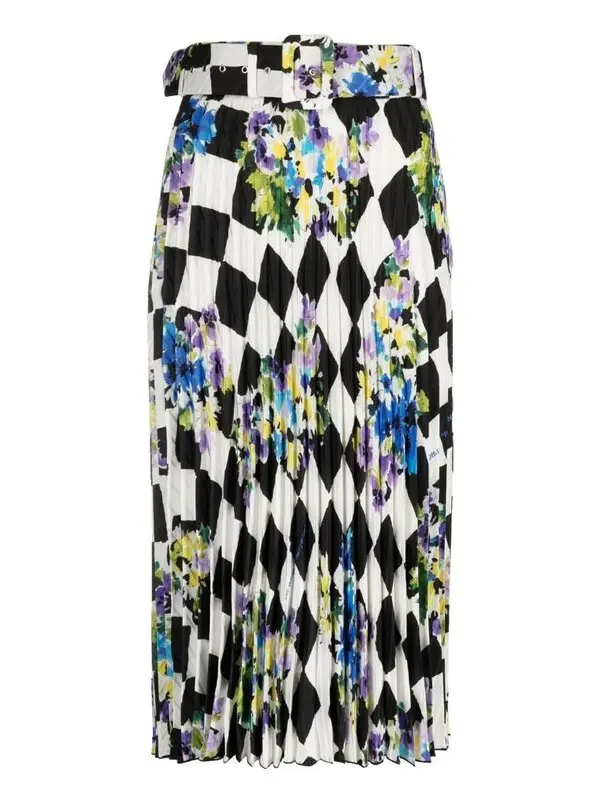 Off-White Floral Check Print Pleated Midi Skirt - Multicolor