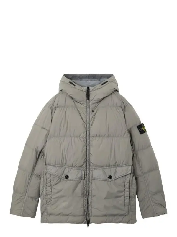 Stone Island Logo Patch Zip-up Hooded Padded Jacket - Cement