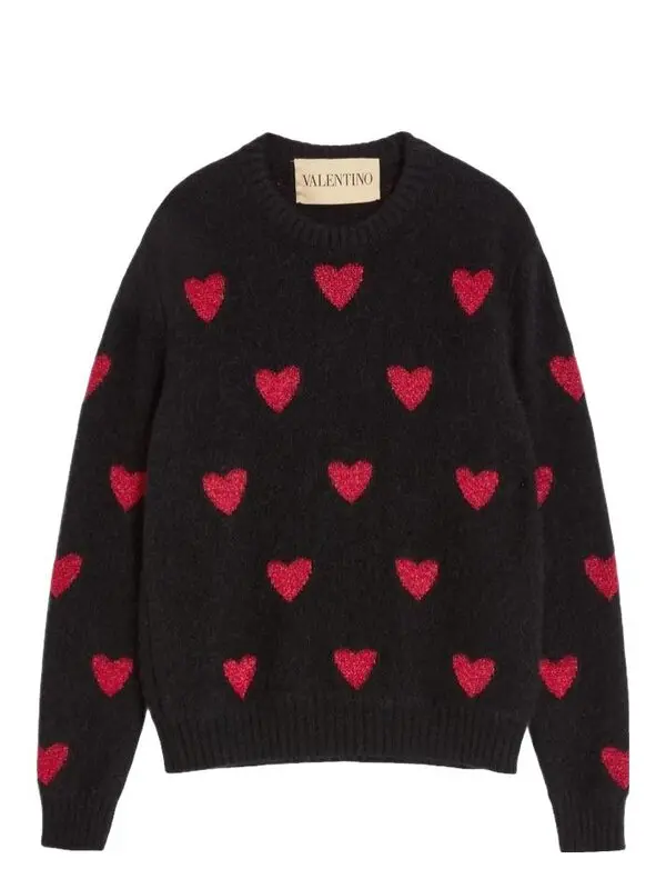 Valentino Garavani Mohair Wool And Lurex Jumper With Heart Jacquard Pattern - Black/red