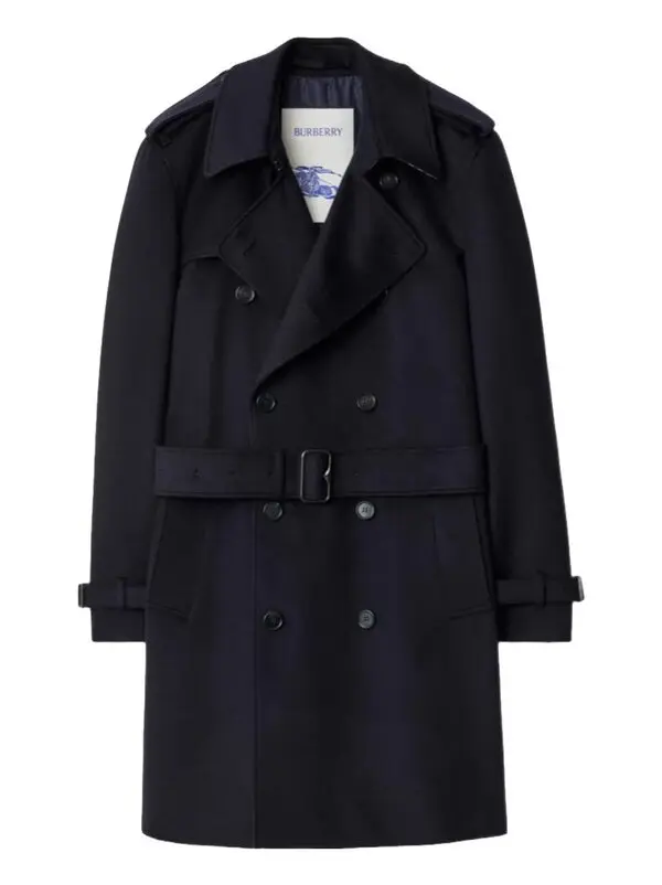 Burberry Double Breasted Belted Mid-length Trench Coat - Navy