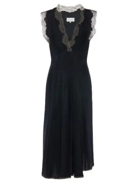 MAISON MARGIELA Lace-trim V-neck Midi Dress - Black