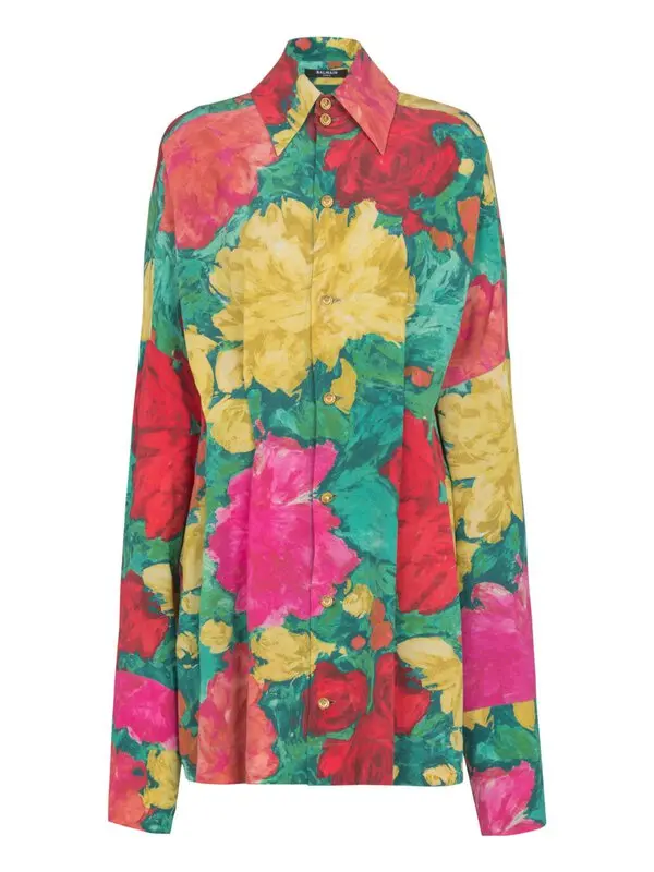 Balmain Roses Printed Crepe Shirt Dress - Multi-color
