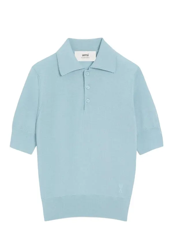 AMI Paris Knitted Polo Shirt With Tonal Buttons And De Coeur Embroidery - No