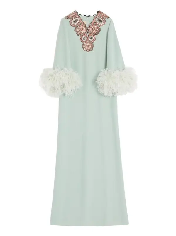 Valentino Garavani Long Dress With Feather Cuffs And Embroidered Neckline - Green
