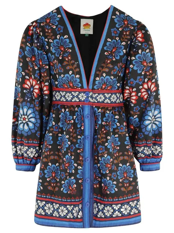 Farm Rio Latina Floral Print V-neck Button-placket Mini Dress - Black