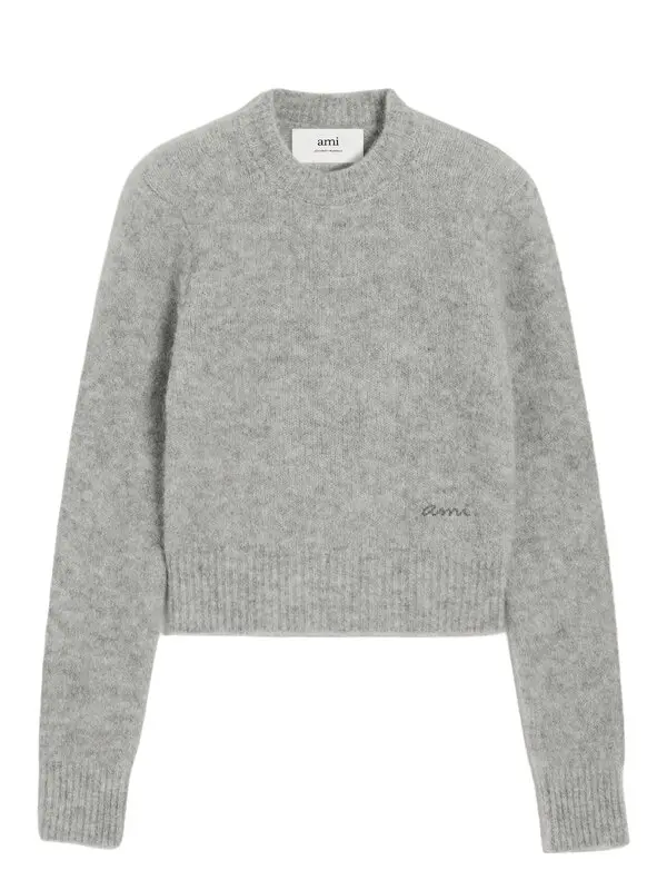 AMI Paris Logo Embroidered Crew Neck Sweater - Gray