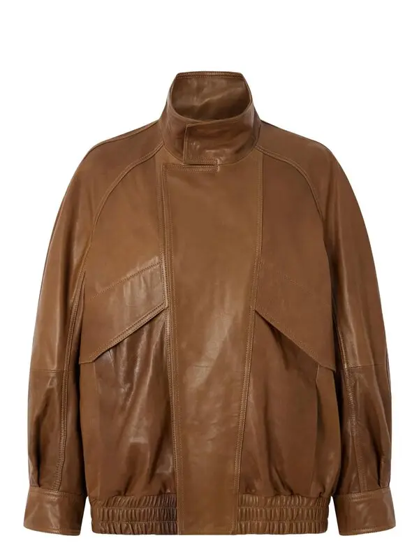 Nour Hammour Paneled Leather Jacket With Elasticated Hem - Brown