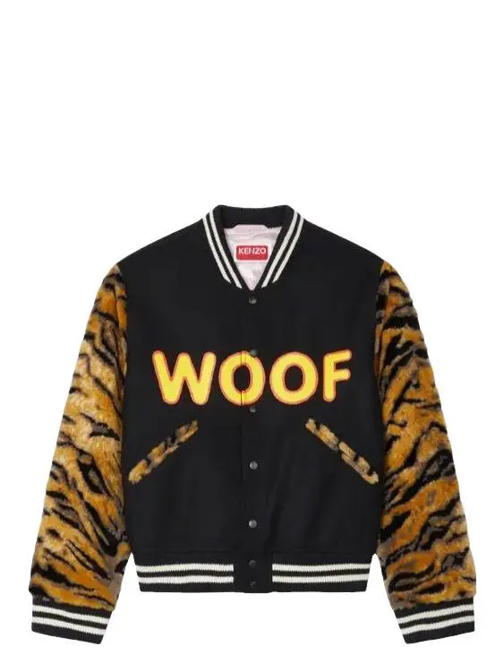 Kenzo Genderless Tiger Printed Virgin Wool Varsity Jacket - Black