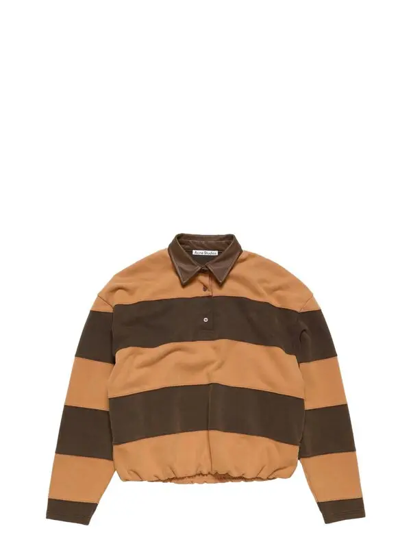 Acne Studios Striped Polo Sweatshirt With Leather Logo Patch - Dark Brown/cognac Brown