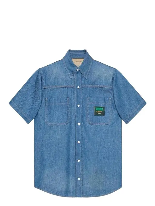 Gucci Logo Patch Short-sleeved Denim Shirt - Blue