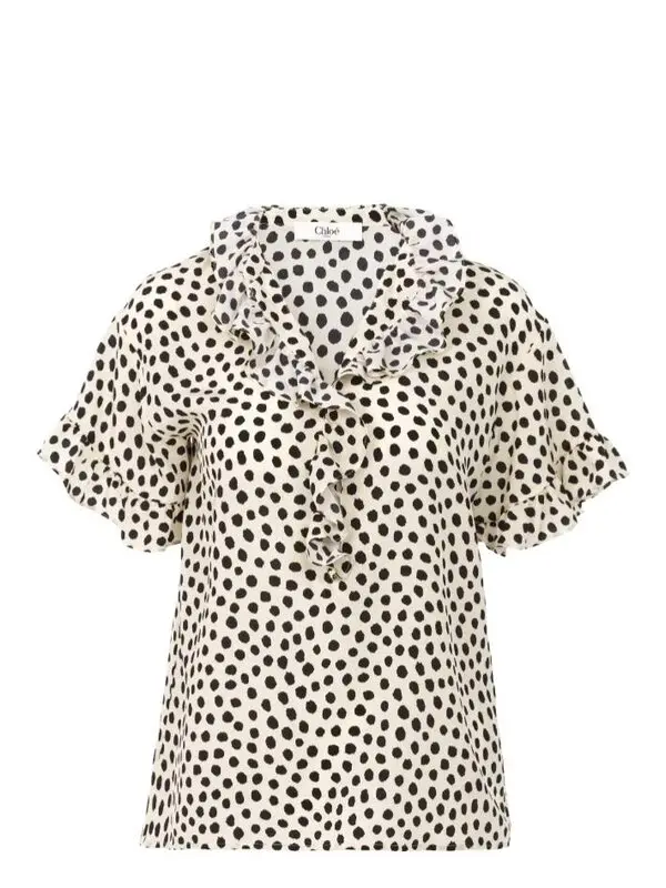 Chloé Short-sleeve Ruffled Silk Blouse With Mother-of-pearl Buttons - Beige-black