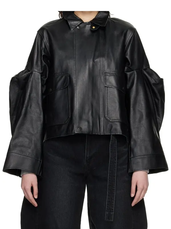Sacai Leather Short Jacket With Modified Lantern Sleeves - Black