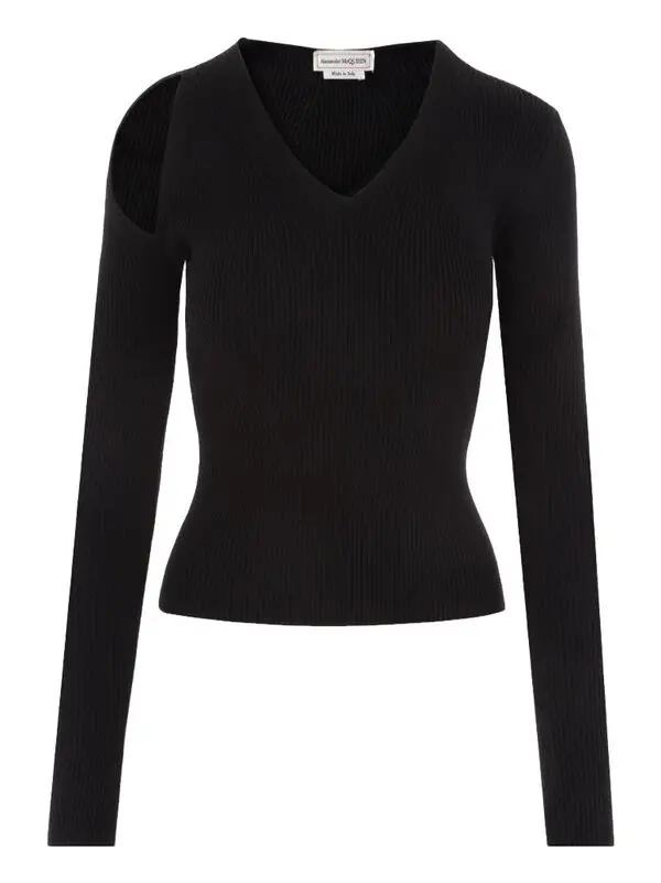 Alexander McQueen Cut-out V-neck Ribbed Jumper - Black